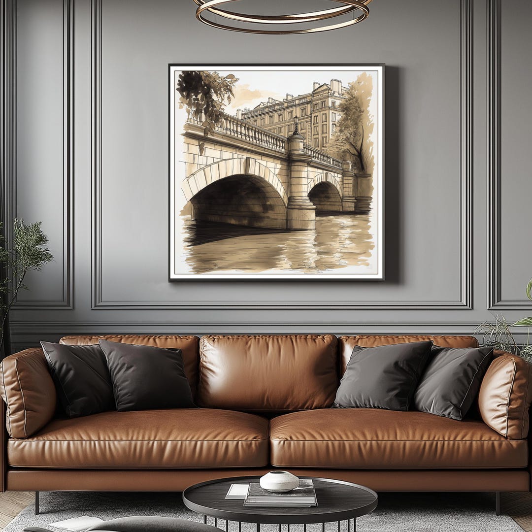 Classic European Architecture – Sepia Sketch of a Bridge Over Water for ...