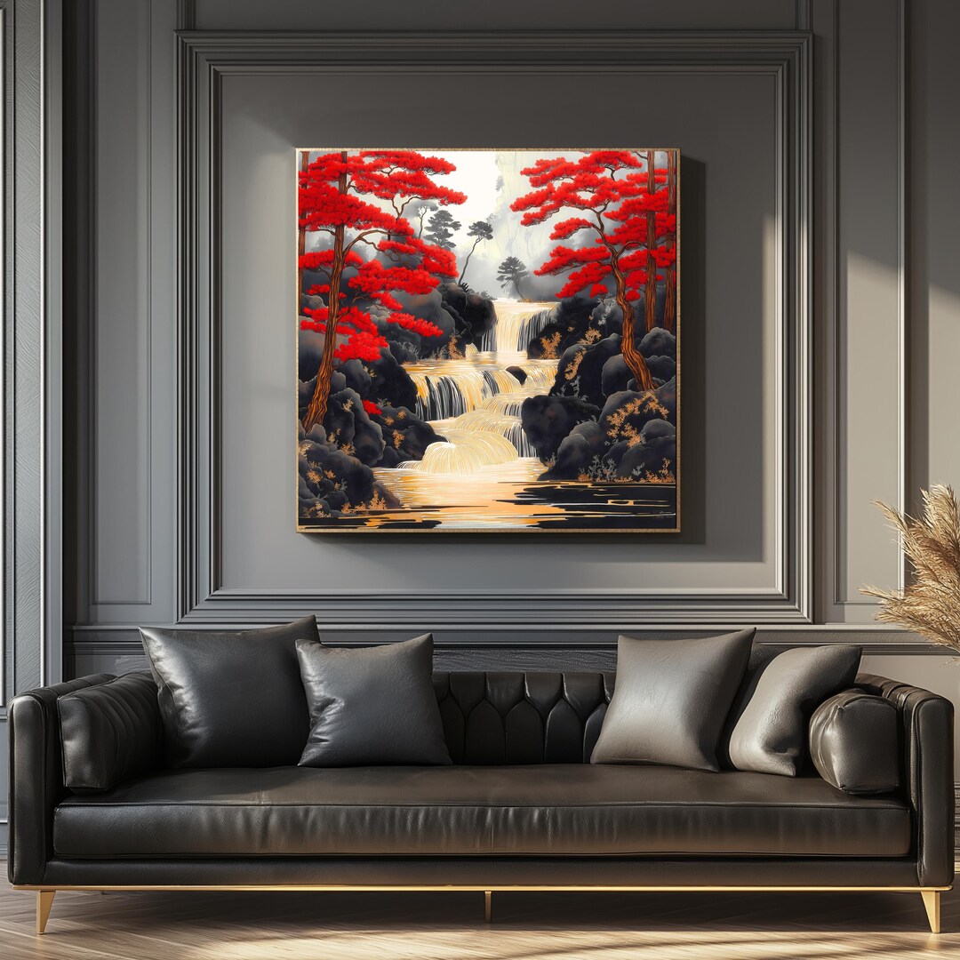 Golden Waterfall With Japanese Red Maples Serenity Woodblock Style Art ...
