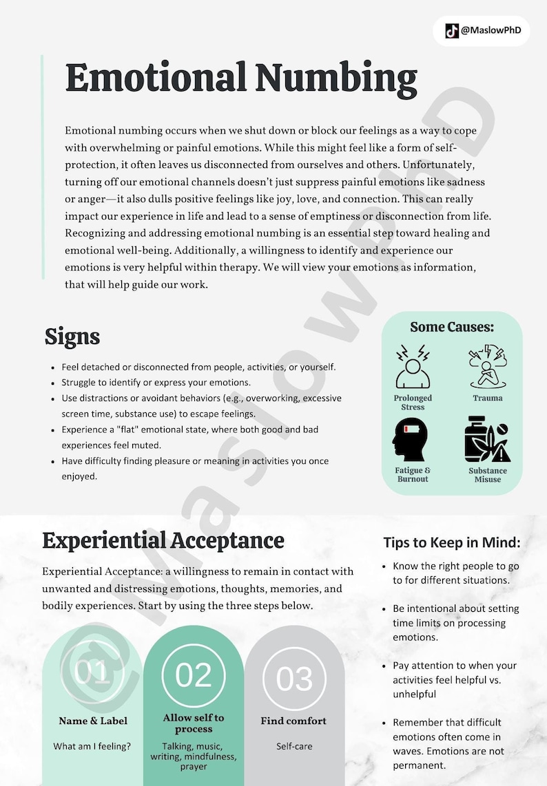 Emotional Numbing Handout - Etsy