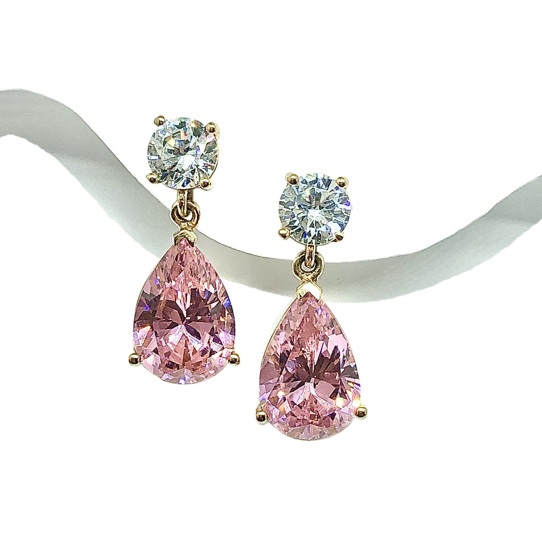 14k Gold Pink Diamond Alternative Elegant Dangle Earrings - Etsy