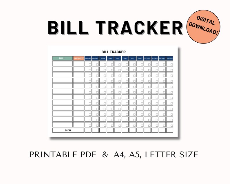 Printable Bill Tracker: Monthly Budget Planner (A4, A5, Letter Sizes ...