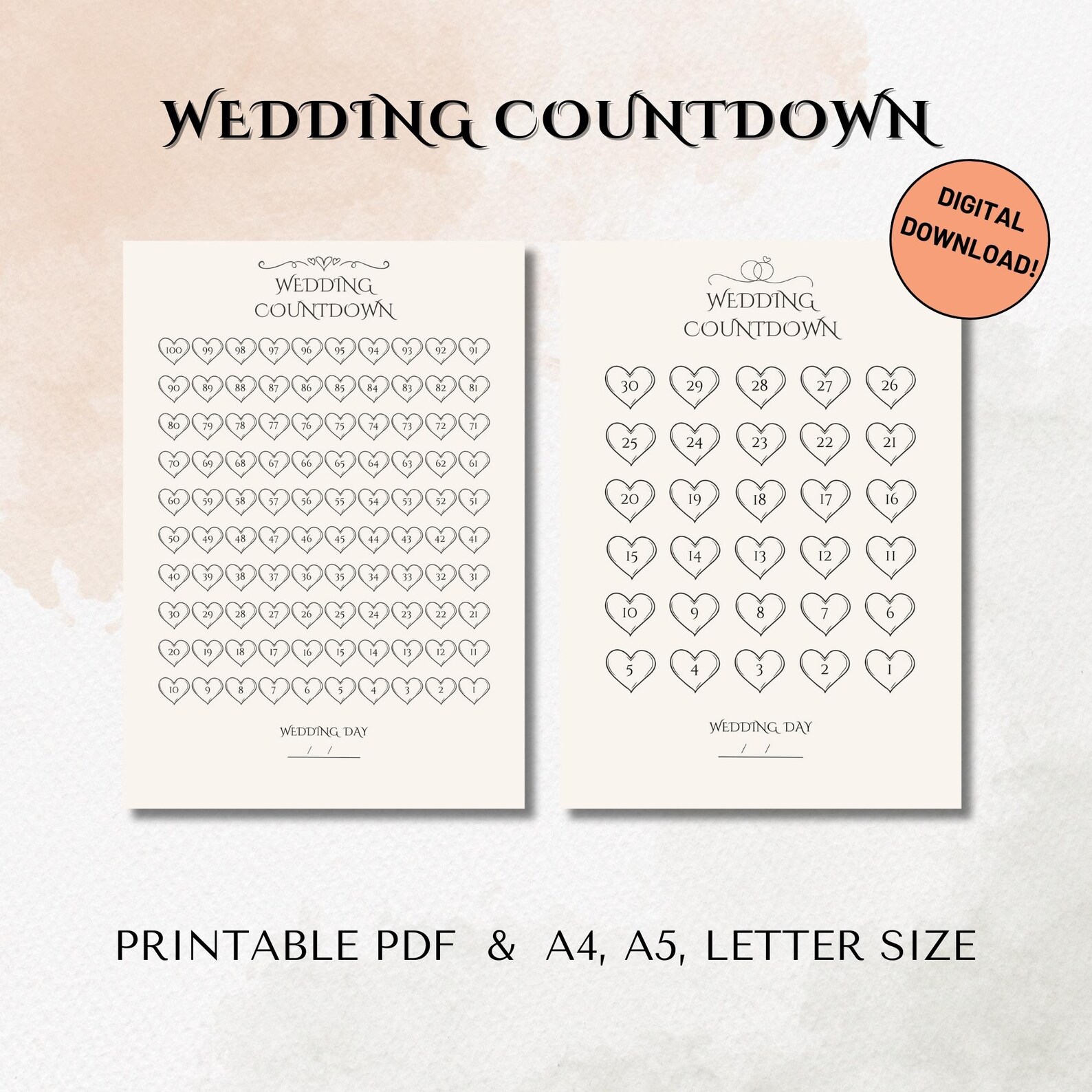 Wedding Countdown Tracker: 100 & 30 Day Printable (PDF Bundle) - Etsy