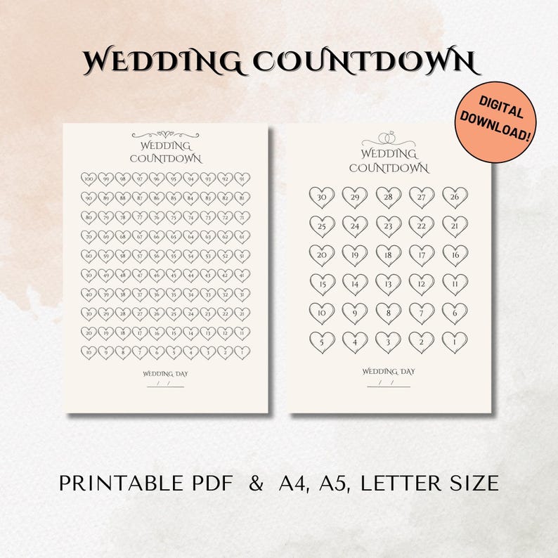 Wedding Countdown Tracker: 100 & 30 Day Printable (PDF Bundle) - Etsy