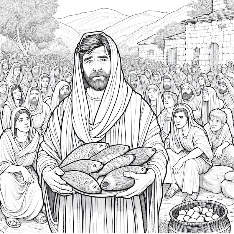 Bible Coloring Page: Jesus Feeds the People With 3 Fish and 5 Loads of ...