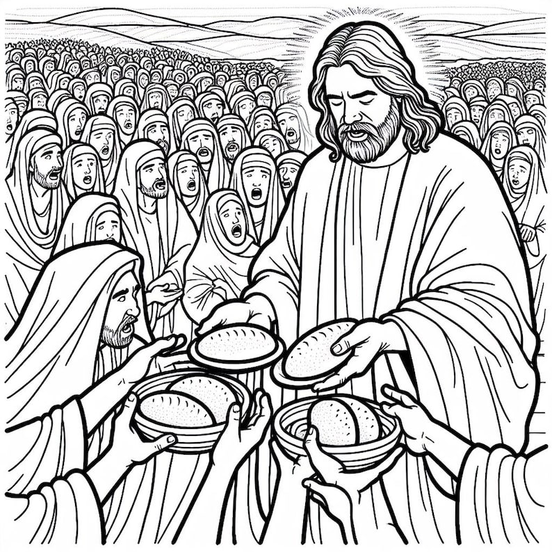 Bible Coloring Page: Jesus Feeds the People With 3 Fish and 5 Loads of ...