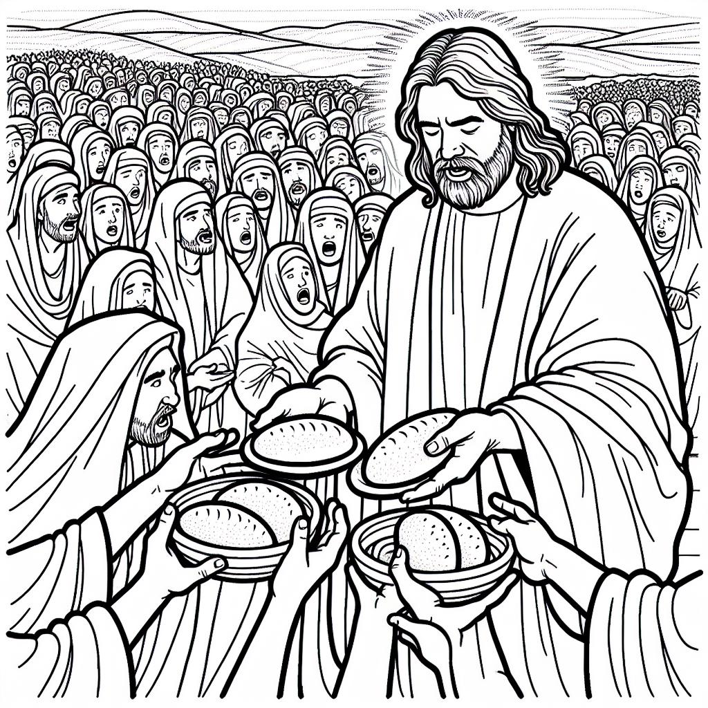Bible Coloring Page: Jesus Feeds the People With 3 Fish and 5 Loads of ...