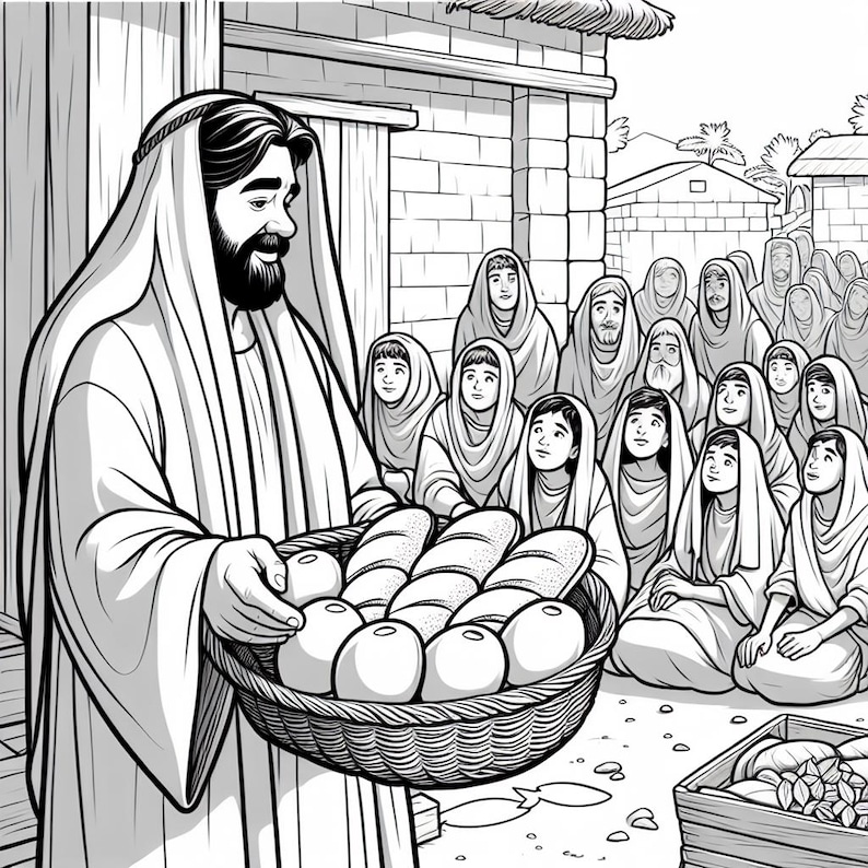 Bible Coloring Page: Jesus Feeds the People With 3 Fish and 5 Loads of ...