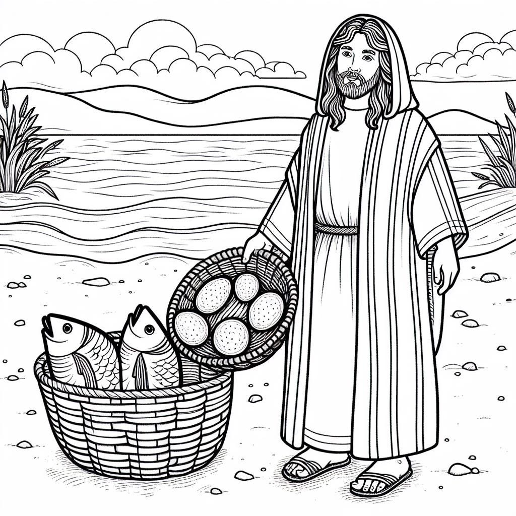 Bible Coloring Page: Jesus Feeds the People With 3 Fish and 5 Loads of ...