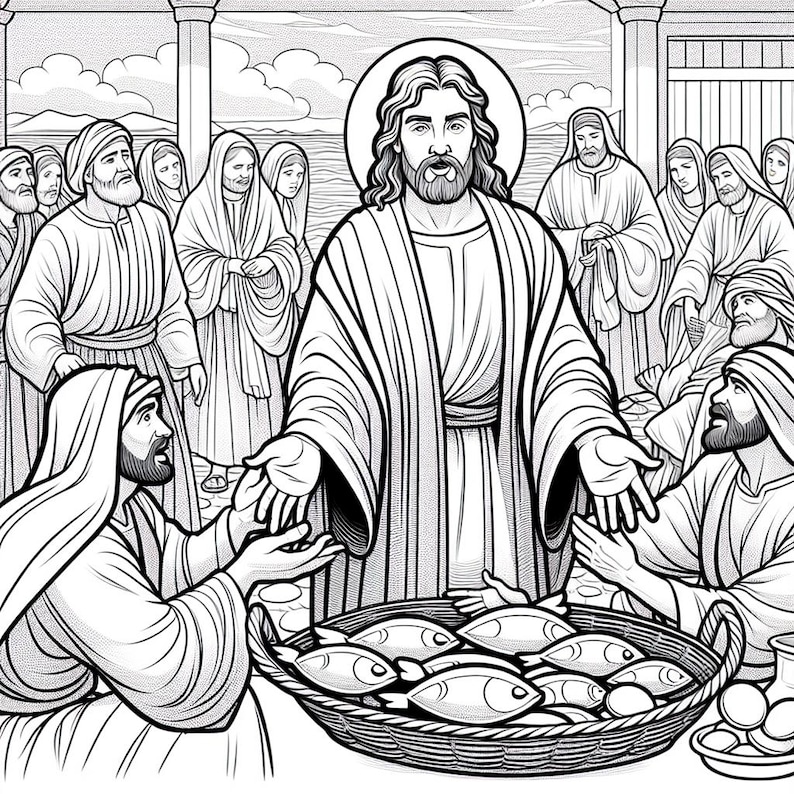 Bible Coloring Page: Jesus Feeds the People With 3 Fish and 5 Loads of ...