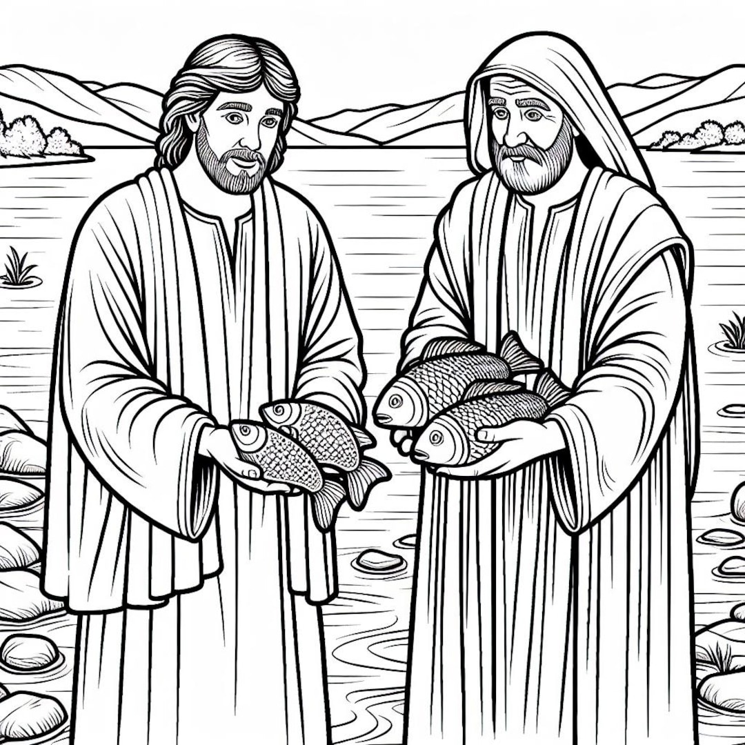Bible Coloring Page: Jesus Feeds the People With 3 Fish and 5 Loads of ...