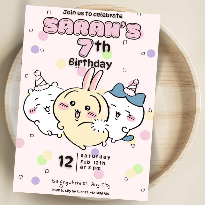 Kawaii birthday Invitation Template, Chiikawa Party Invite, Cute ...