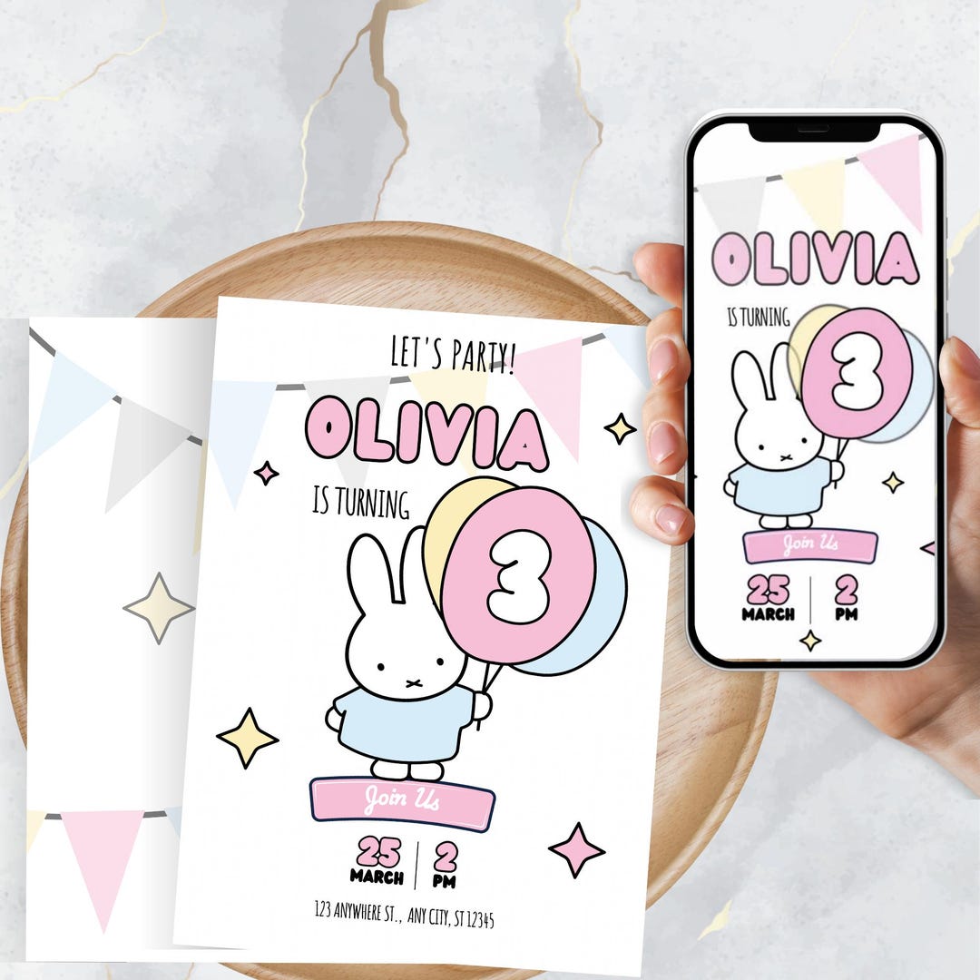 Miffy Birthday Editable Invitation Template, Miffy Kawaii Party ...