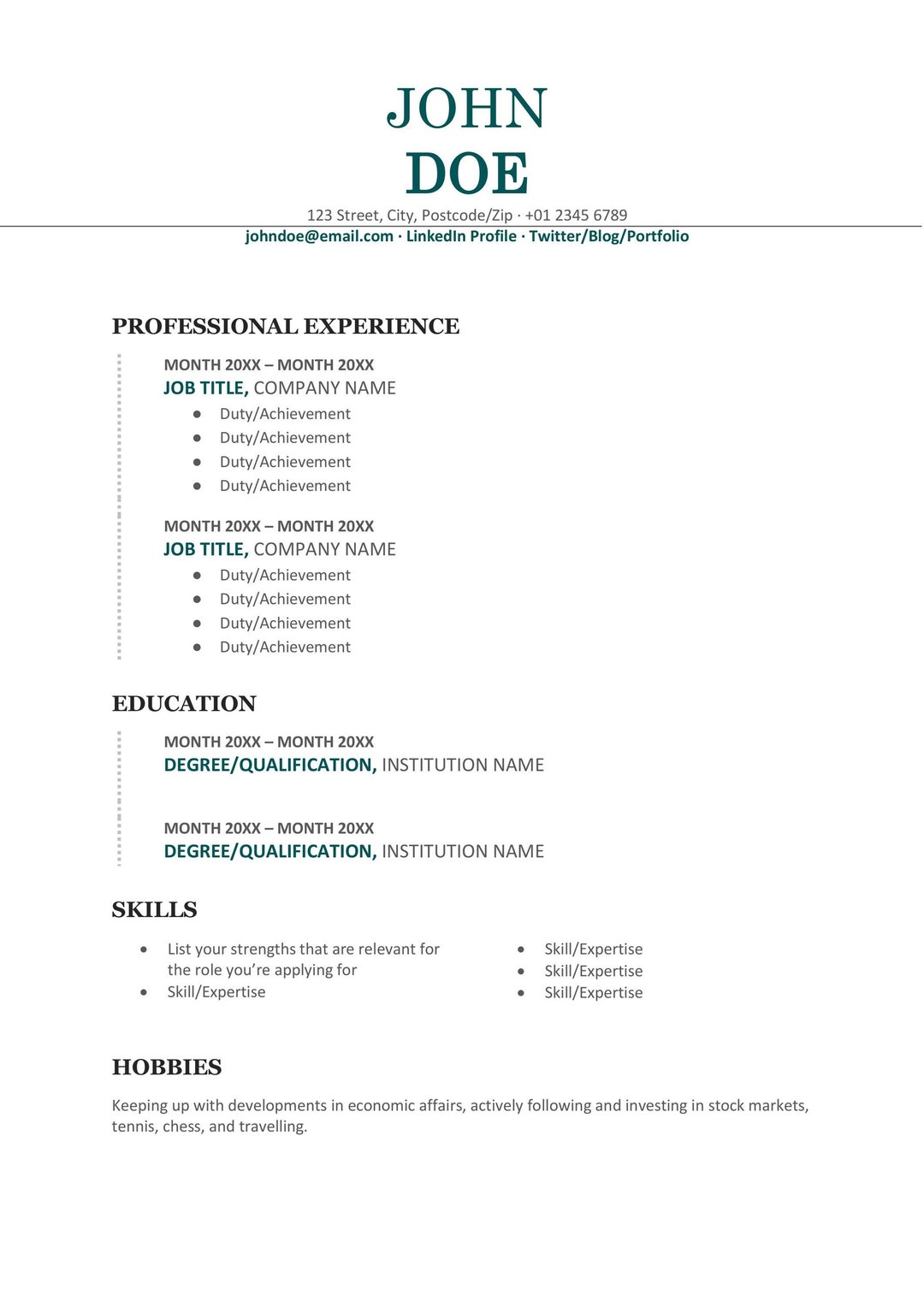 Professional Ats-friendly Stylish Cv/resume Template Editable and ...