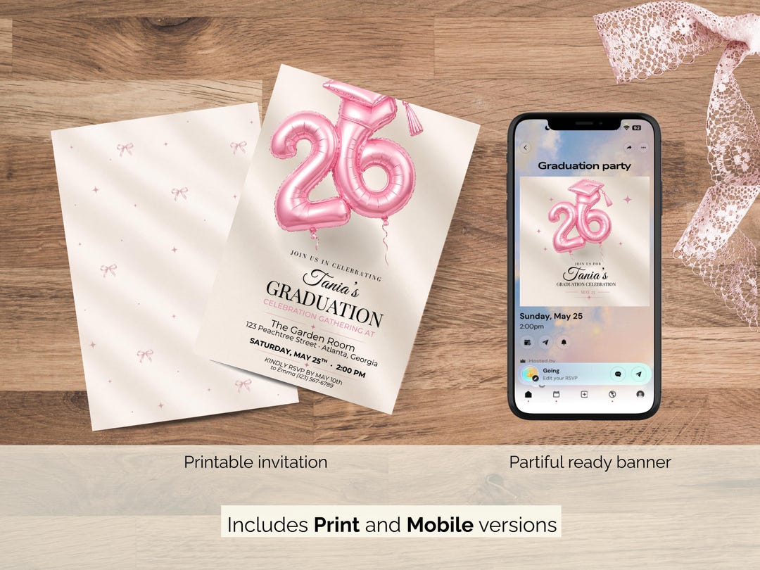 Pink Graduation Invitation Template | Photo Balloon, 5x7 (digital ...