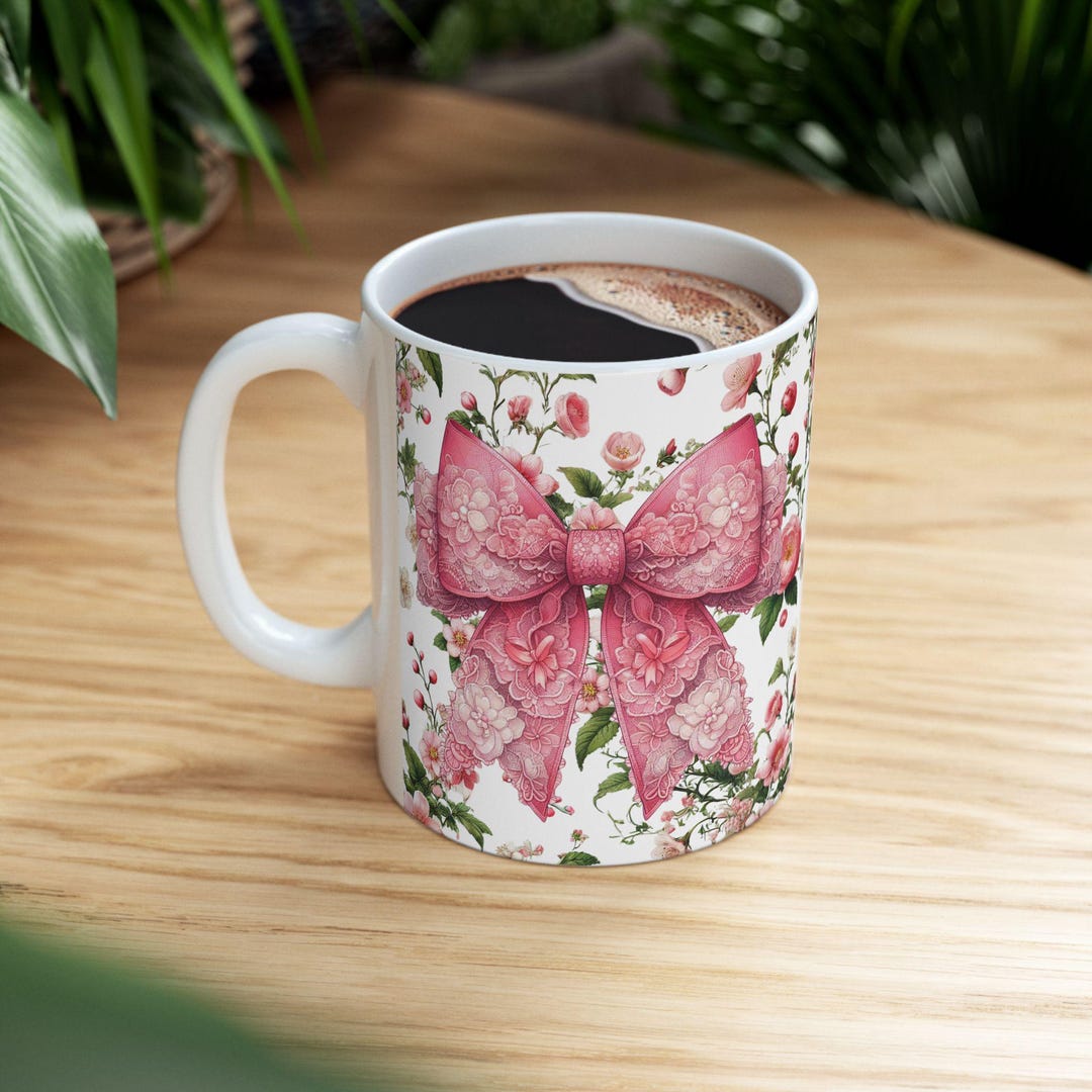 Pink Bow Mug, Floral 11 Oz Pink Bow Coffee Cup, Coquette Coffee Mug ...