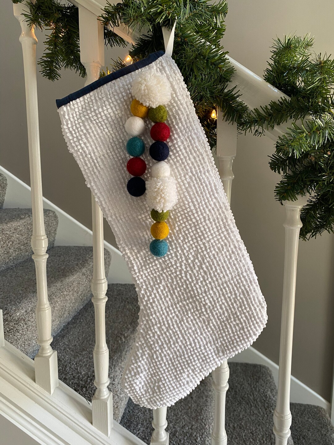 Chenille Christmas Stocking With Blue Plaid Fabric and Felt Ball Tassel ...