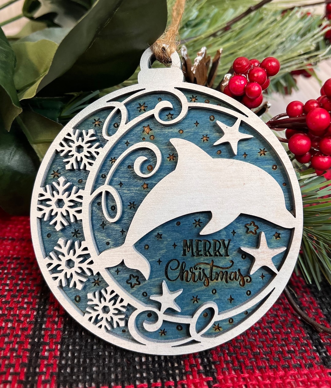 Dolphin With Snowflakes Wooden Custom Made Christmas Ornament. Ocean ...