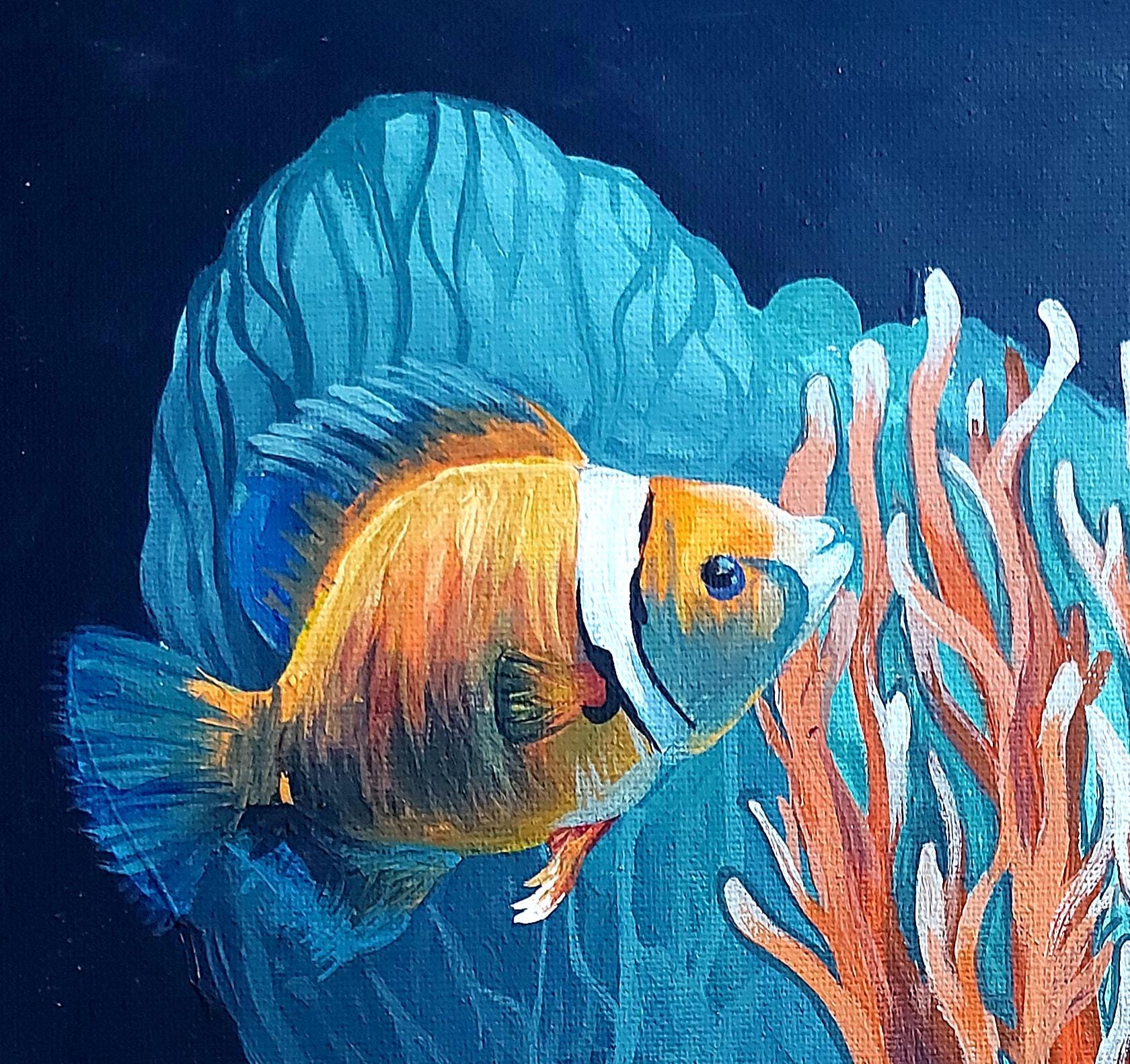 Hand-painted Underwater Scene-vibrant Acrylic Clownfish & Coral Reef ...