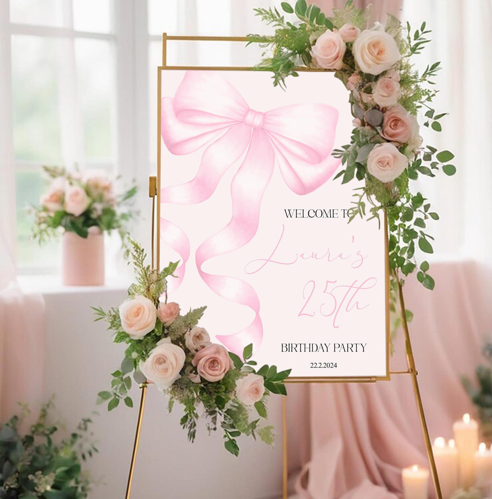 Pink Bow Birthday Welcome Sign| Welcome Poster Template| Editable Pink ...