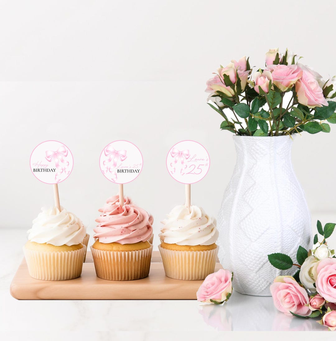 Editable Pink Bow Cupcake Toppers Template| Pink & White Cake Toppers ...