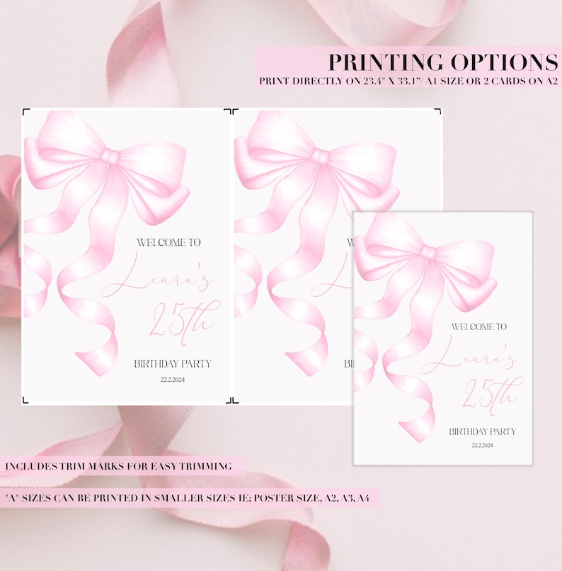 Pink Bow Birthday Welcome Sign| Welcome Poster Template| Editable Pink ...