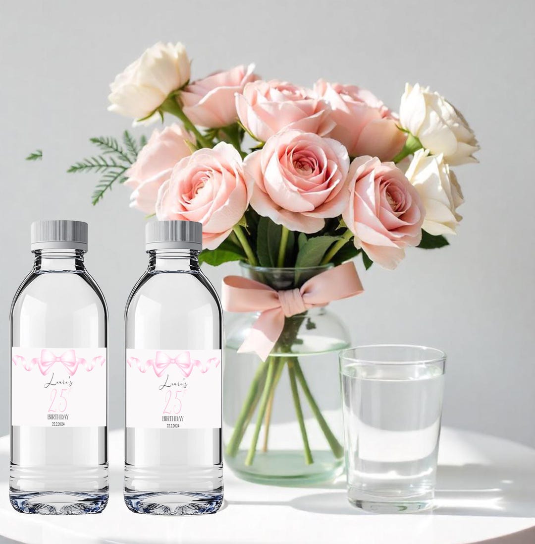 Pink Bow Water Bottle Label Printable, Pink Bow Birthday Water Labels ...