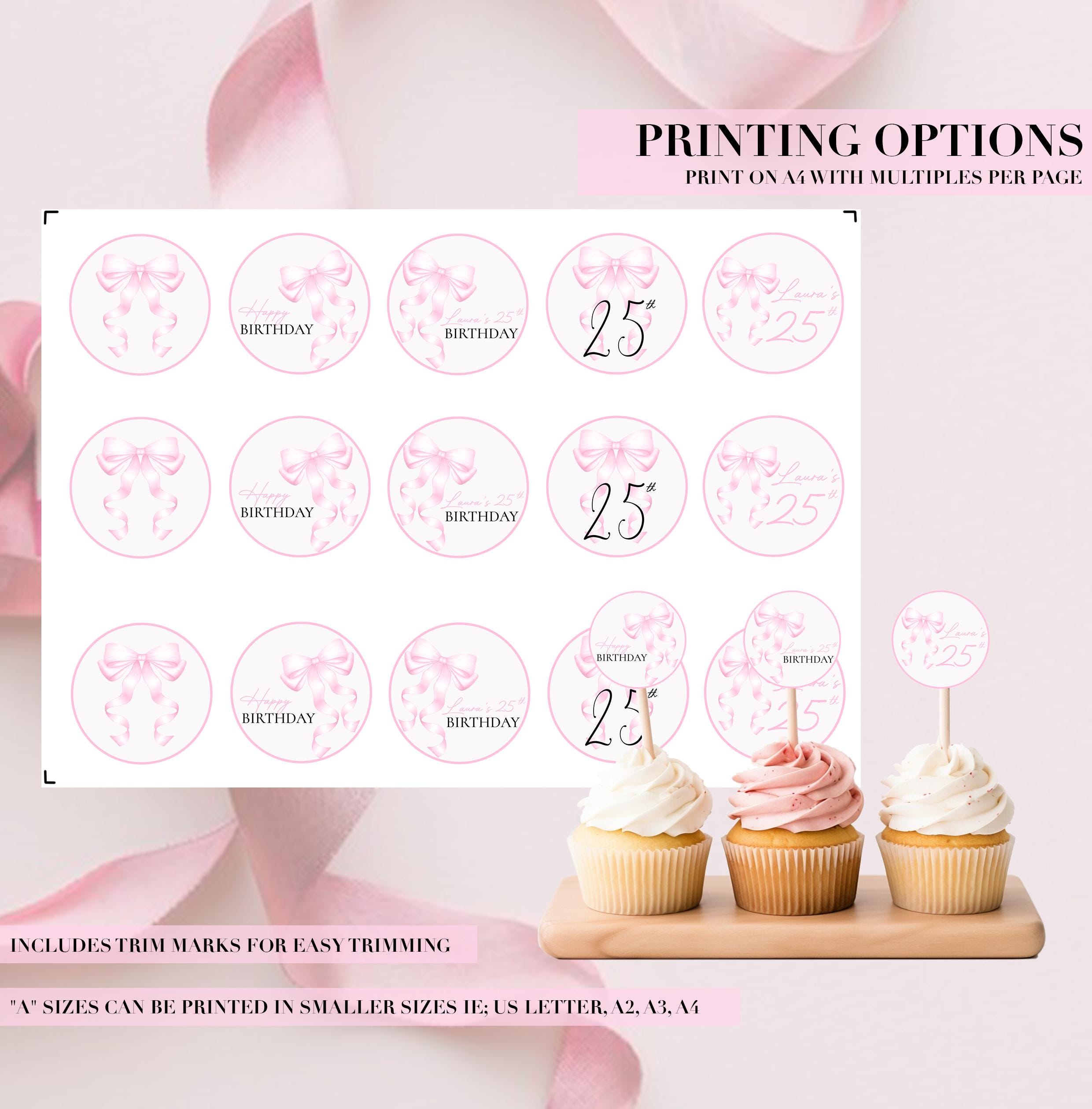 Editable Pink Bow Cupcake Toppers Template| Pink & White Cake Toppers ...