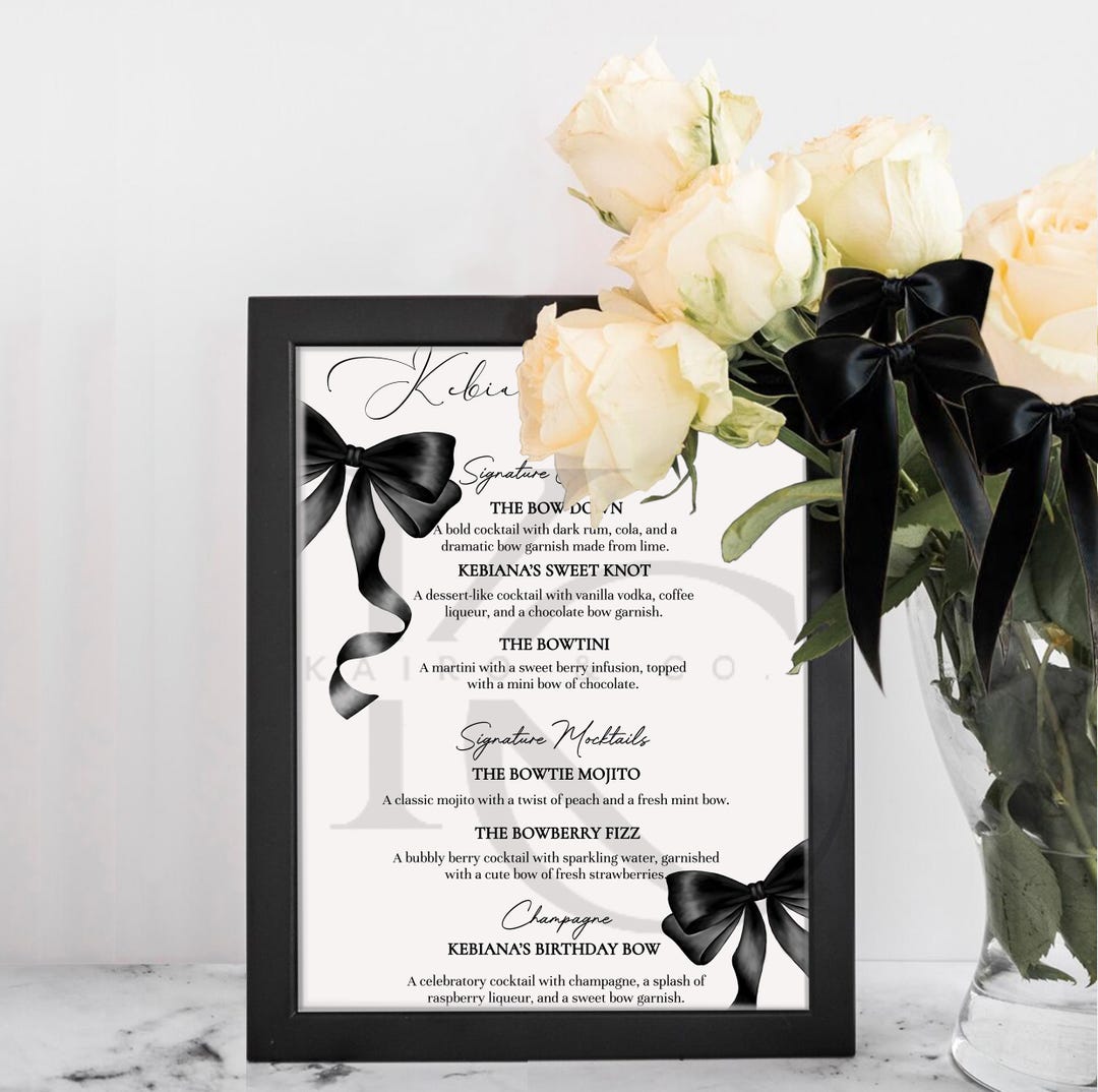 Coquette Birthday Drink Sip Menu | Black Bow Sip Template Party Menu ...