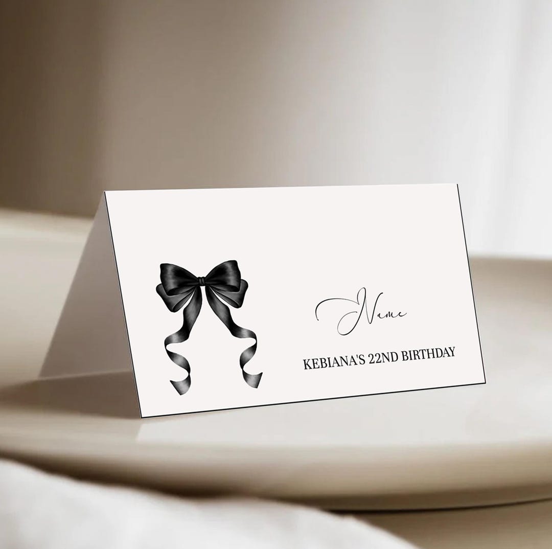 Editable Black Bow Birthday Place Card, Black & White Name Card, Ribbon ...