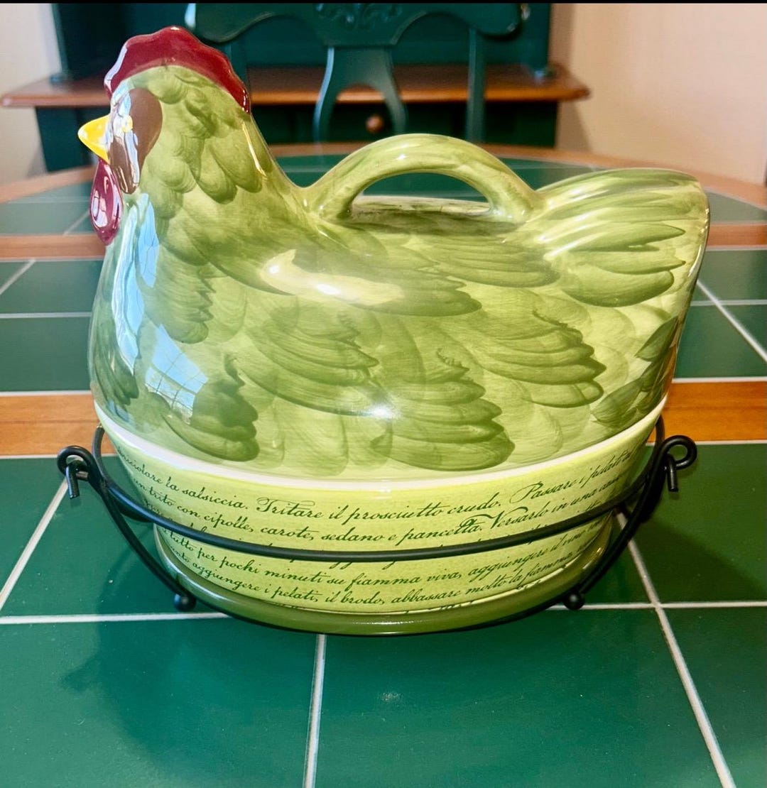 Temp-tations Ovenware 1 Quart Old World Green Chicken Baker W/ Trivet ...