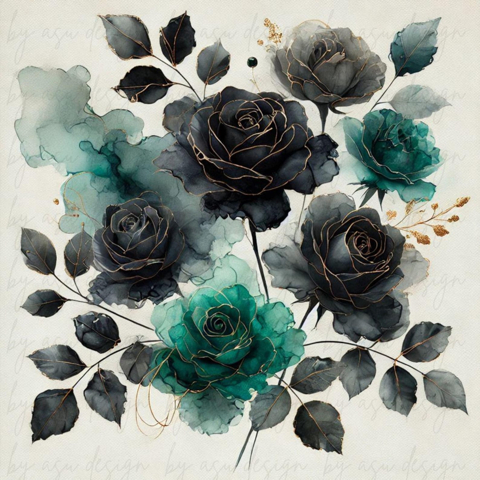 8 Black Rose Clipart Bundle: Gothic Watercolor Roses (digital Download ...
