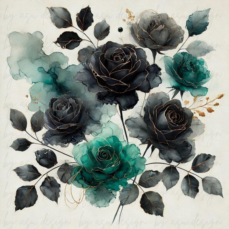 8 Black Rose Clipart Bundle: Gothic Watercolor Roses (digital Download ...