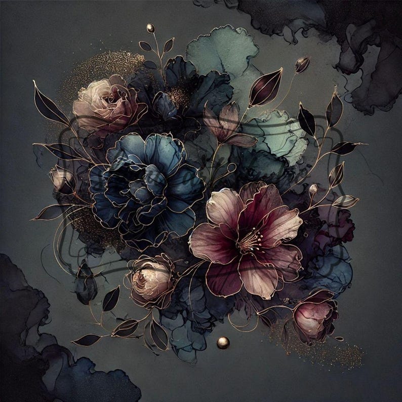 4 Gothic Halloween Floral Wall Art Bundle, 4 Alcohol Ink Dark Flower ...