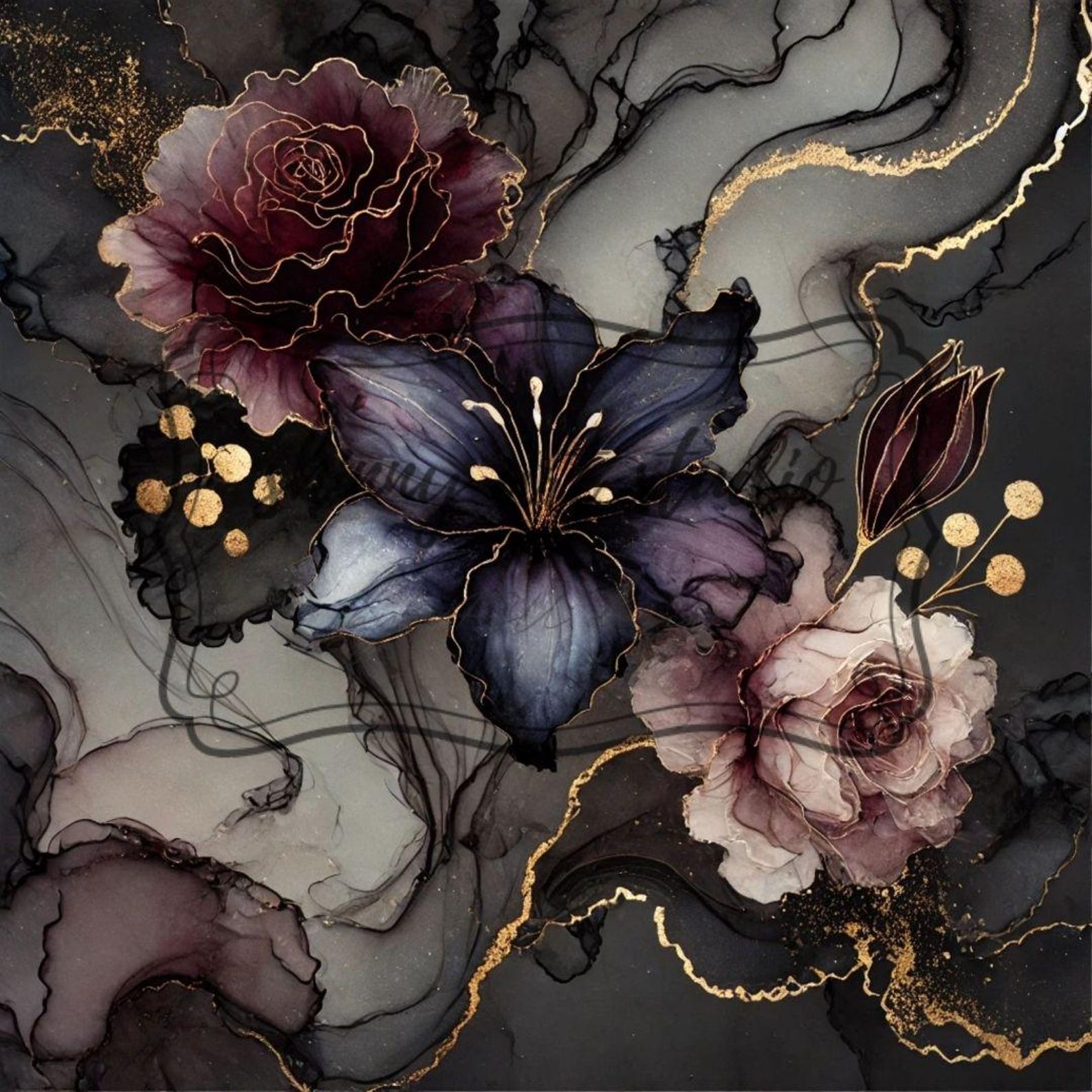 4 Gothic Halloween Floral Wall Art Bundle, 4 Alcohol Ink Dark Flower ...