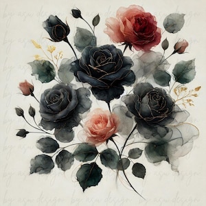 8 Black Rose Clipart Bundle: Gothic Watercolor Roses (digital Download ...