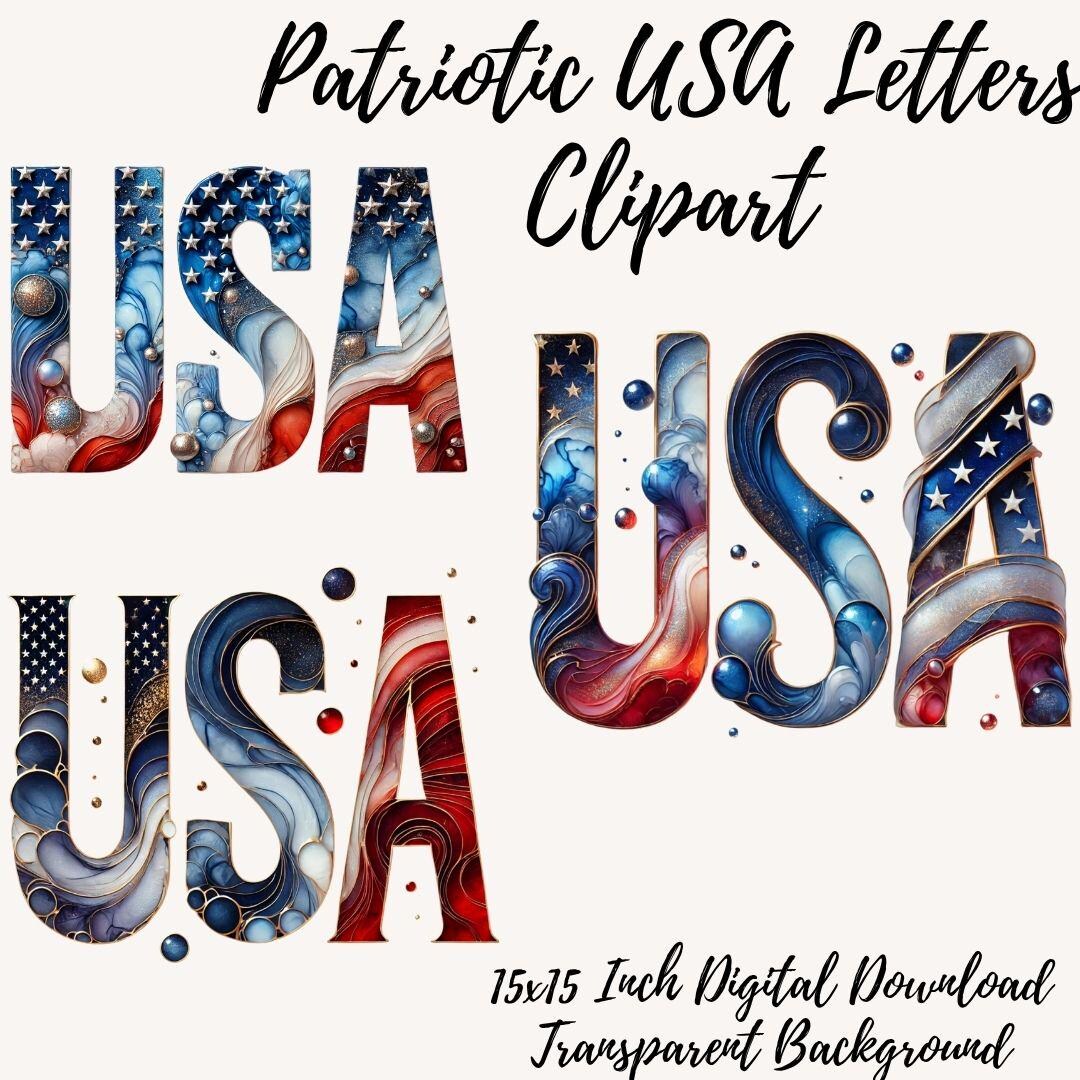 Patriotic USA Letters Clipart: Red White Blue Alcohol Ink (PNG SVG ...