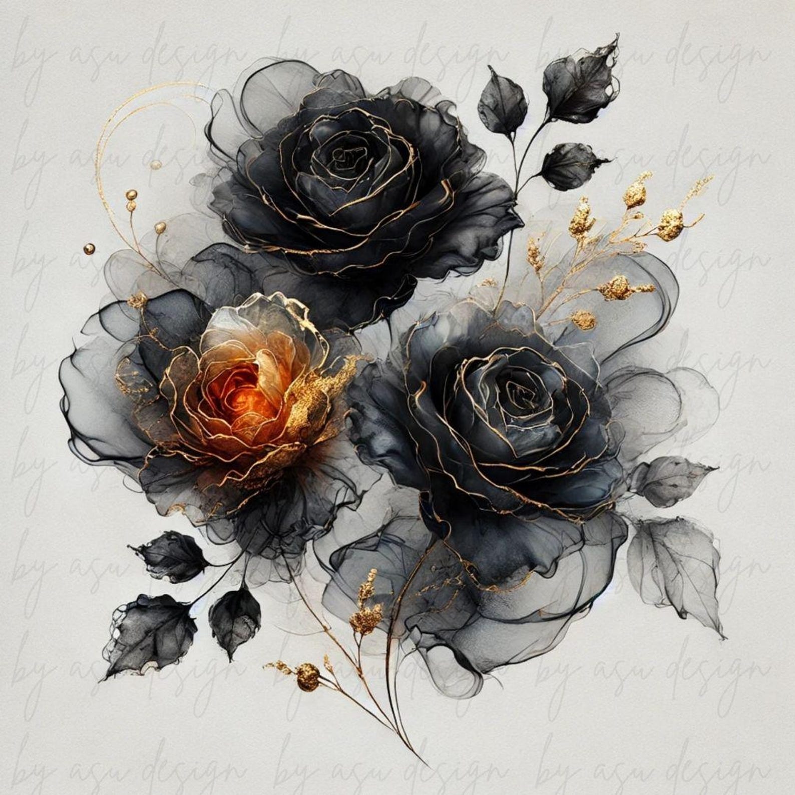 8 Black Rose Clipart Bundle: Gothic Watercolor Roses (digital Download ...