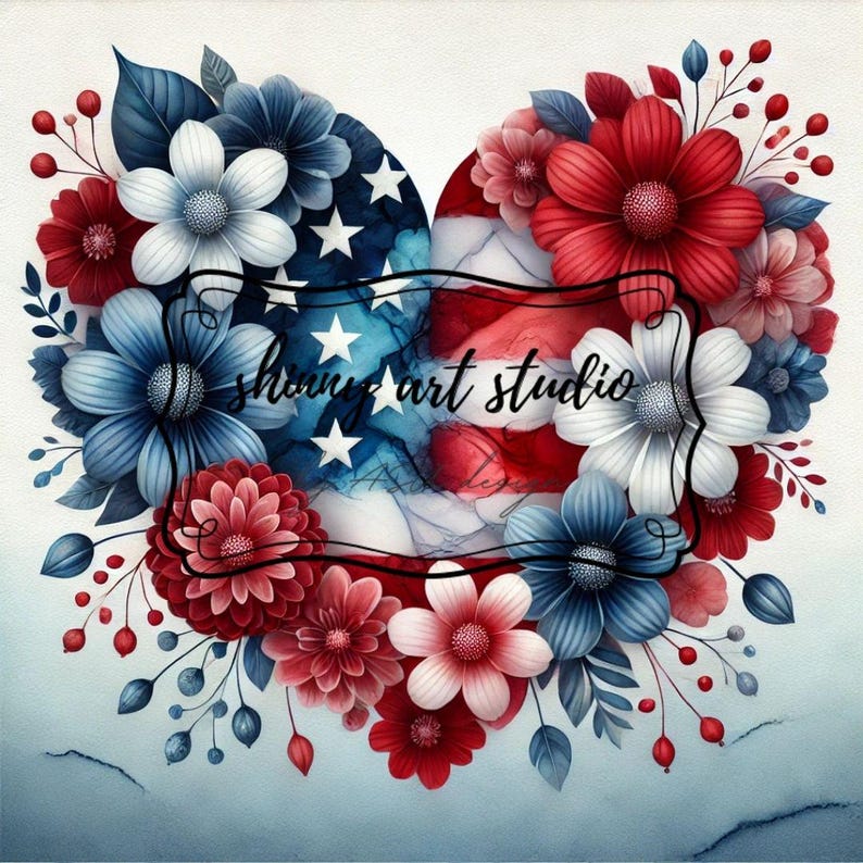 Patriotic Floral Heart Clipart – 4th of July American Flag Art (digital ...