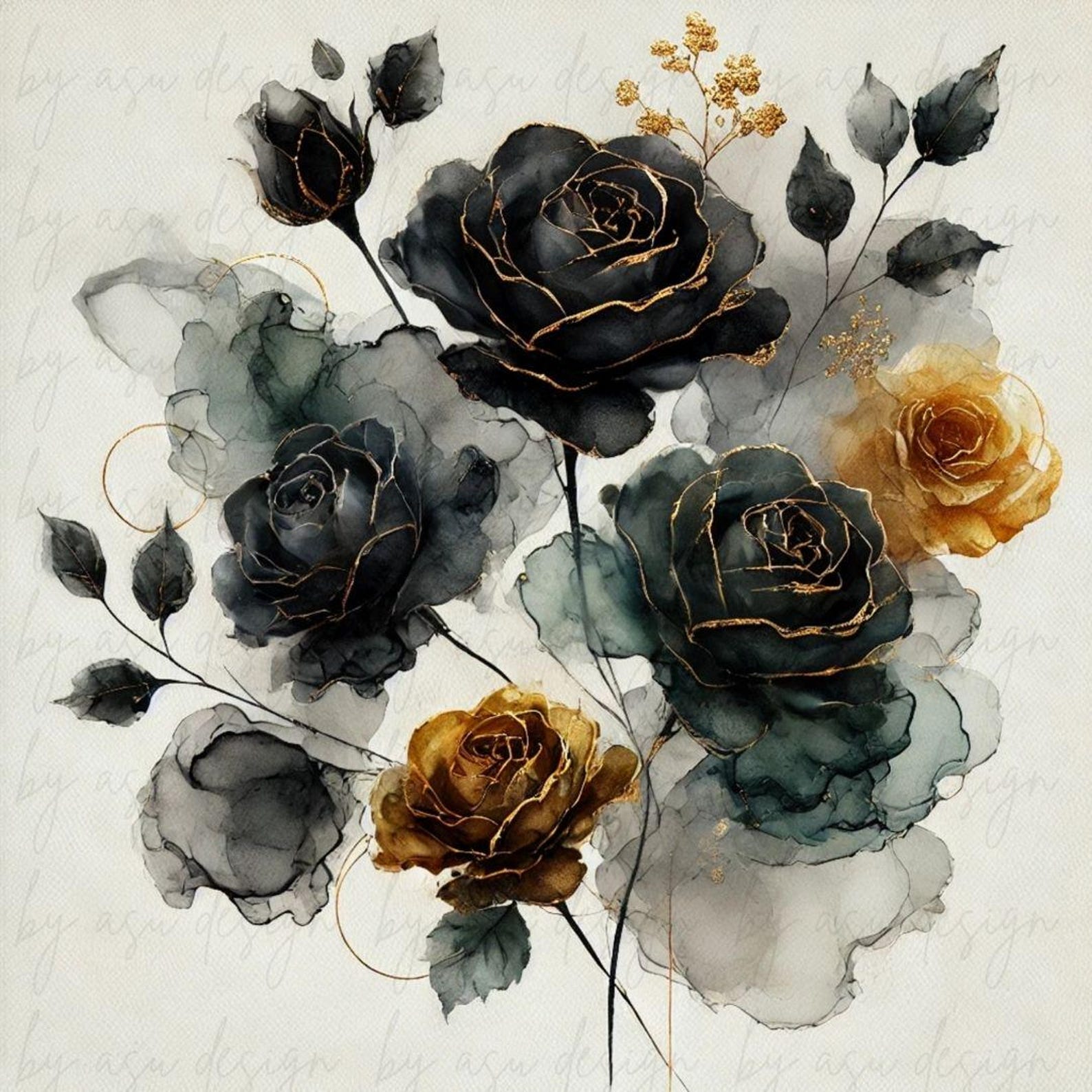 8 Black Rose Clipart Bundle: Gothic Watercolor Roses (digital Download ...