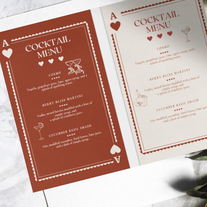 Valentines Day Inspired Wedding Dinner and Cocktail Menu Template Red ...