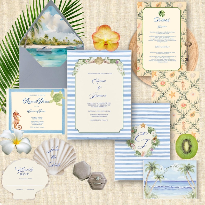 Beach Wedding Invitation Suite Template Tropical Wedding Invite Coastal ...