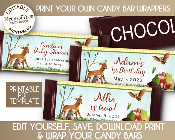 PRINTABLE Candy Bar Wrapper Template, Woodland Animals, Forest Animals ...