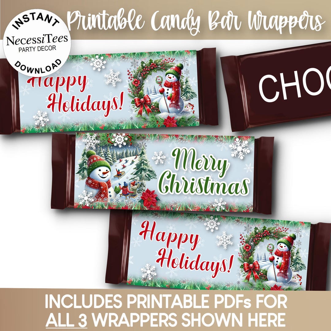 PRINTABLE Candy Bar Wrappers Christmas Theme Xmas, Snowman, Snowflakes ...