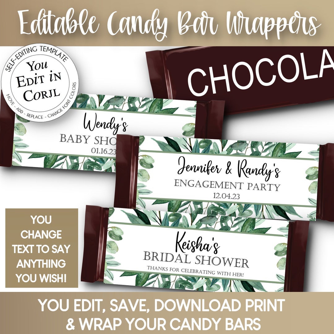 PRINTABLE Candy Bar Wrapper Template, Greenery, Leaves, Eucalyptus ...