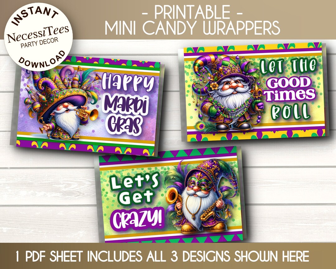 PRINTABLE Mini Candy Wrappers Party Favors Mardi Gras Gnomes, Let the ...