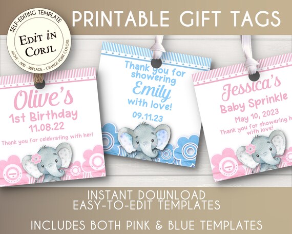 PRINTABLE Gift Tags, Baby Elephants, Pastel Pink & Blue, Baby Shower ...