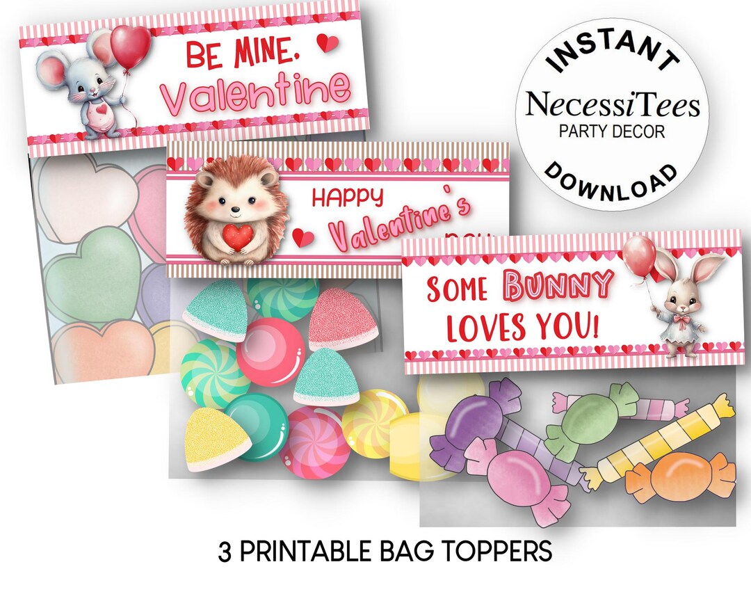 Valentine Treat Bag Toppers | Hedgehog, Bunny, Mouse (3 Pdfs, Instant ...