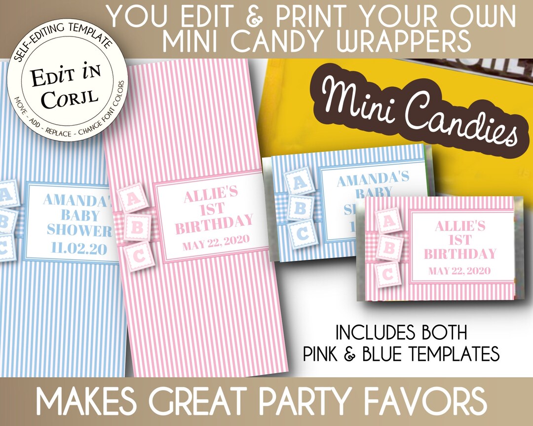 PRINTABLE Mini Candy Wrappers Template Pink Blue ABC Baby - Etsy
