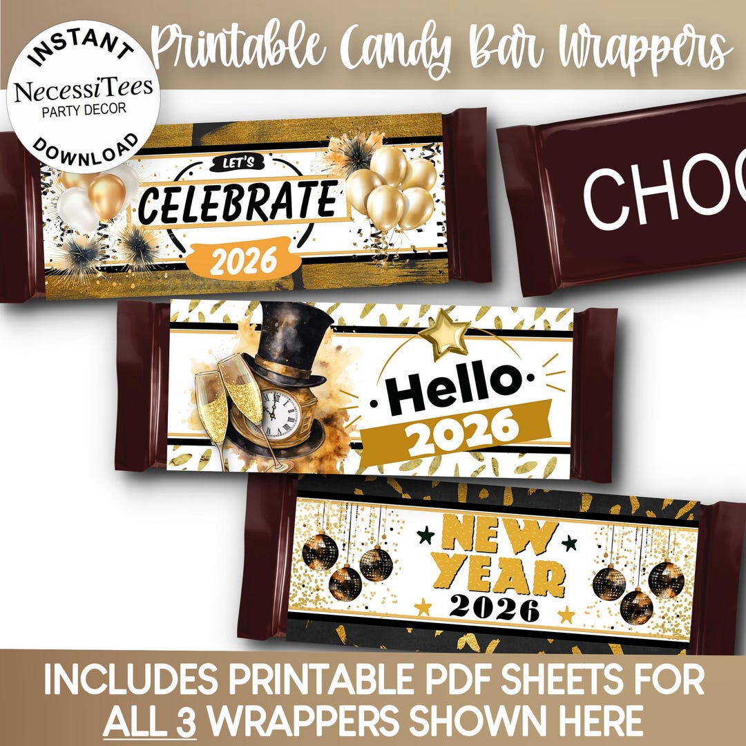 PRINTABLE Candy Bar Wrappers | Happy New Year Theme | 2025 | Gold ...