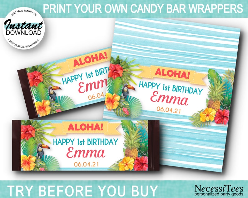 PRINTABLE Candy Bar Wrapper Template Hawaiian Tropical Theme | Etsy Canada